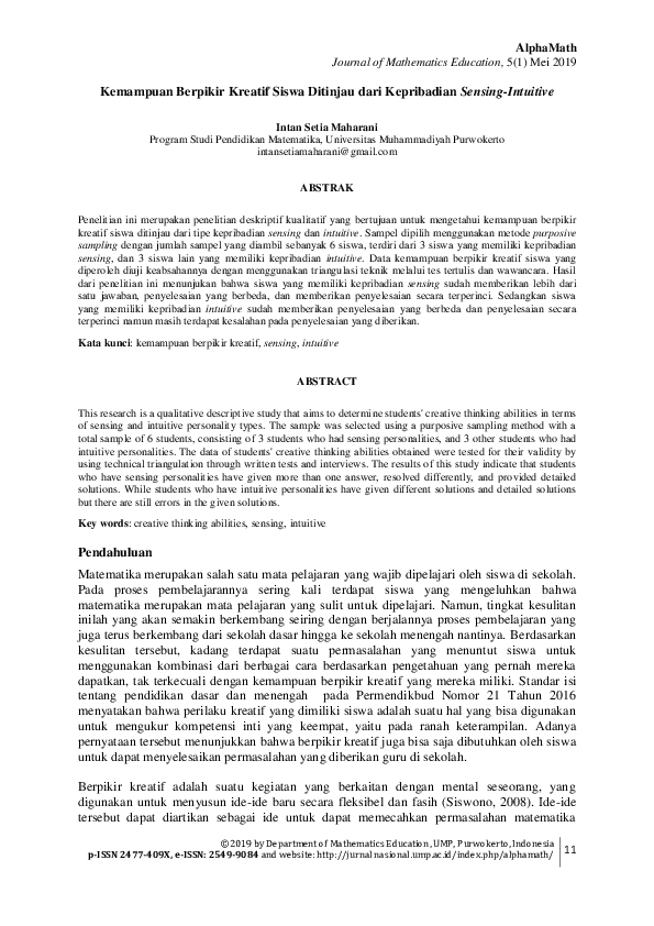 (PDF) Kemampuan Berpikir Kreatif Siswa Ditinjau dari Kepribadian Sensing-Intuitive