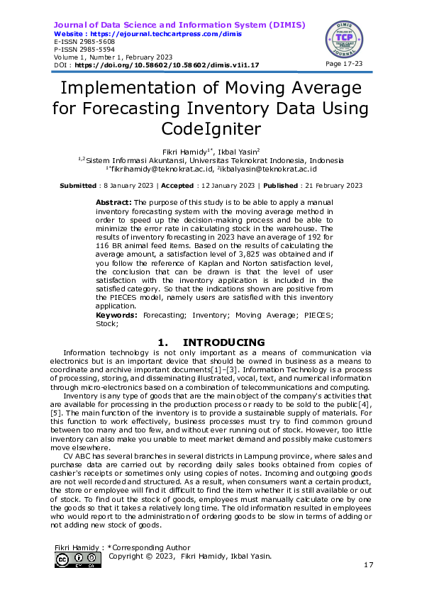 Pdf Implementation Of Moving Average For Forecasting Inventory Data Using Codeigniter