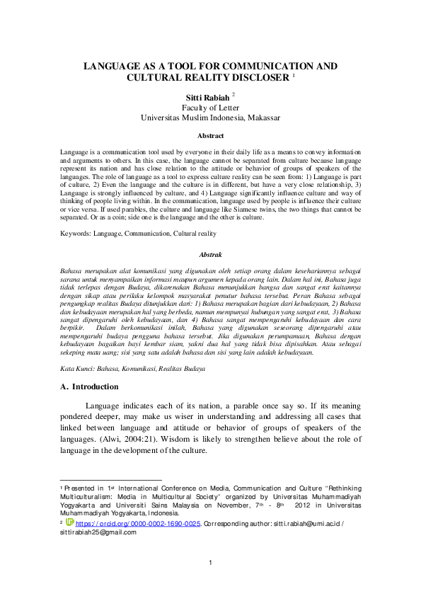 (PDF) Language as a Tool for Communication and Cultural Reality Discloser