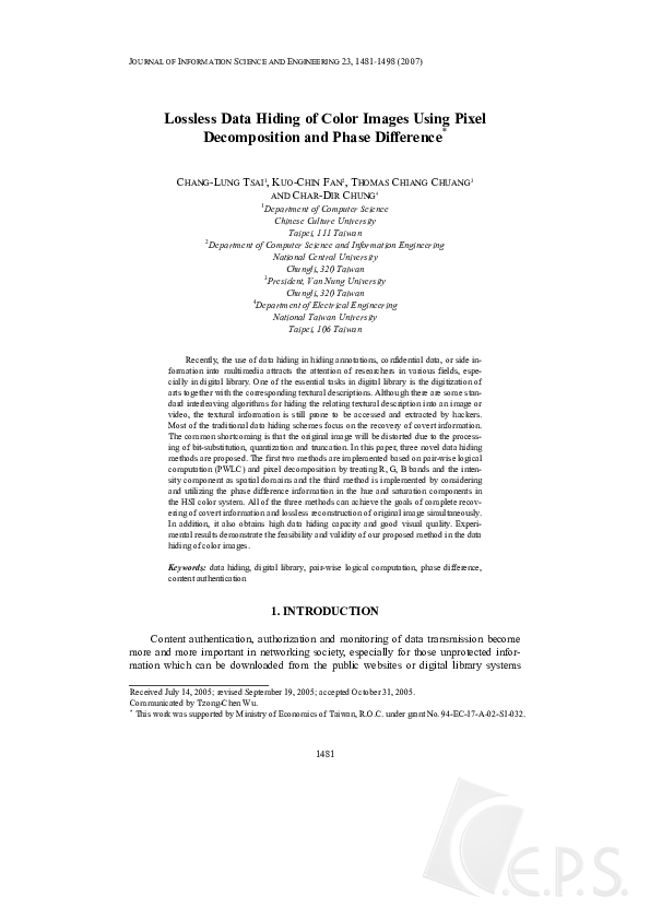 (PDF) Lossless Data Hiding of Color Images Using Pixel Decomposition and Phase Difference