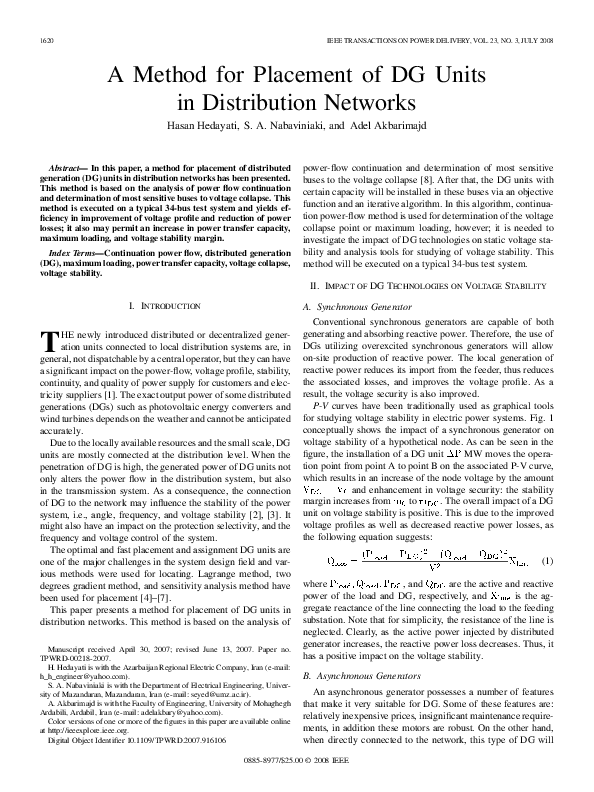 (PDF) A Method for Placement of DG Units in Distribution Networks