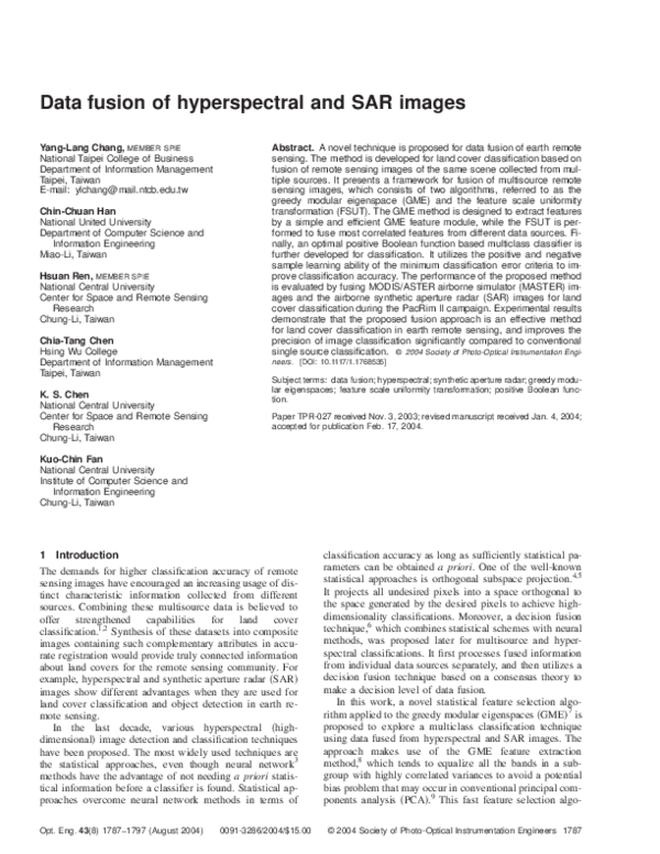 (PDF) Data fusion of hyperspectral and SAR images