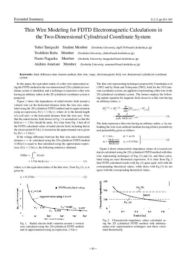 (PDF) Thin Wire Modeling for FDTD Electromagnetic Calculations in the Two-Dimensional ...