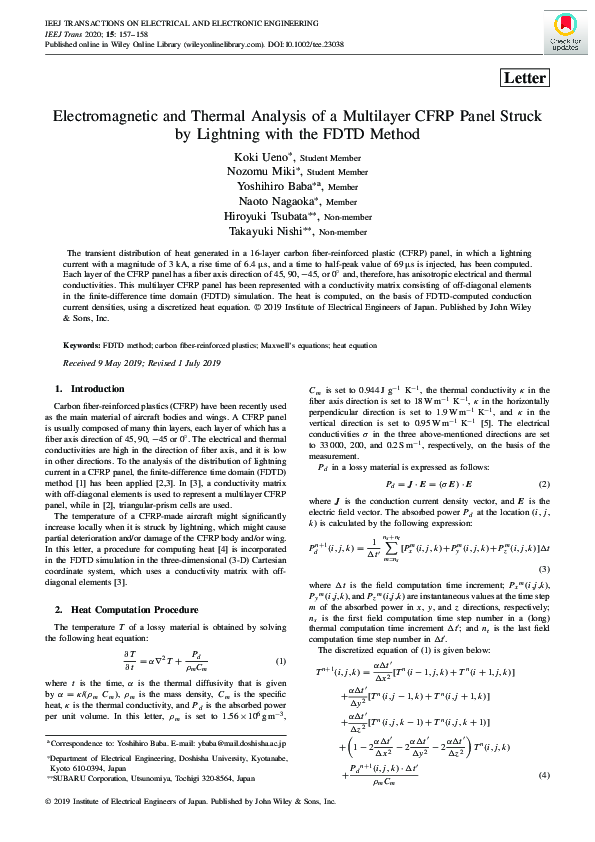 Pdf Electromagnetic And Thermal Analysis Of A Multilayer Cfrp Panel Struck By Lightning With