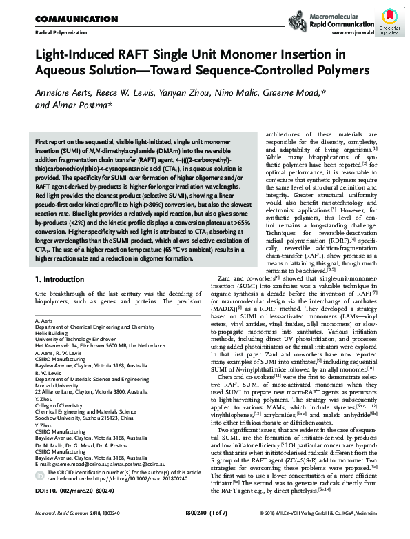 (PDF) Light-Induced RAFT Single Unit Monomer Insertion in Aqueous Solution-Toward Sequence ...