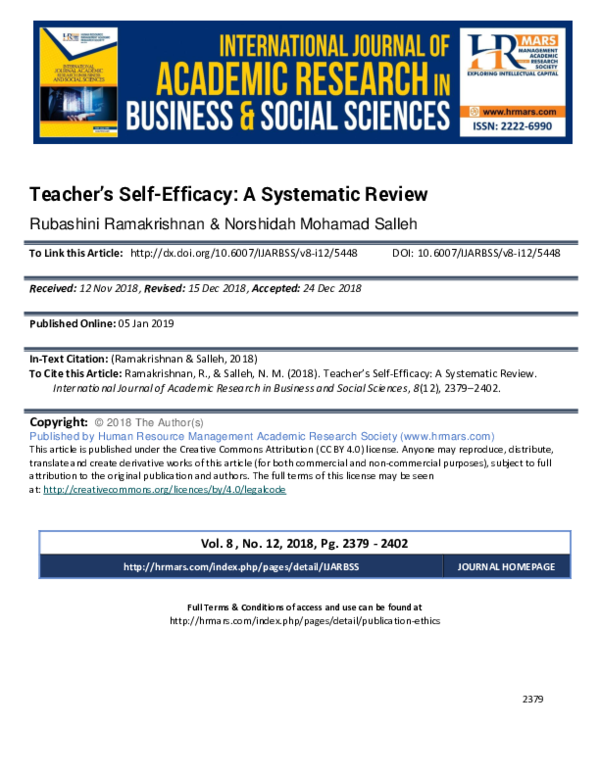 (PDF) Teacher’s Self-Efficacy: A Systematic Review
