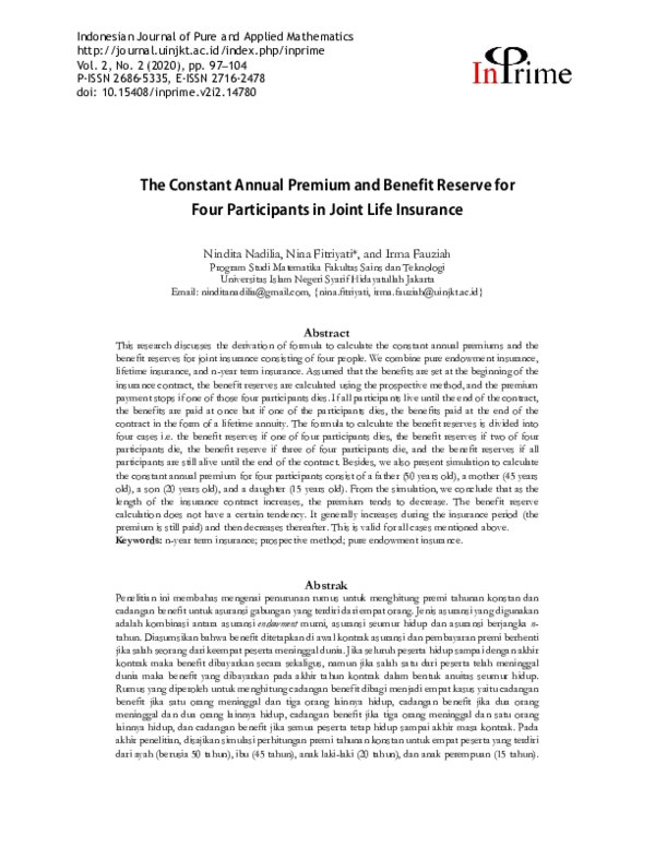 (PDF) The Constant Annual Premium and Benefit Reserve for Four ...