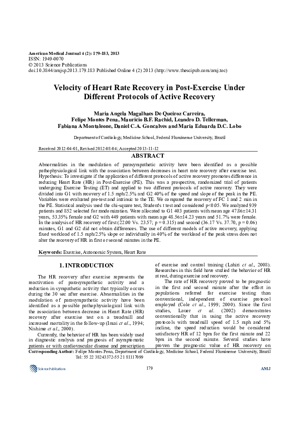 (PDF) Velocity of Heart Rate Recovery in Post-Exercise Under Different Protocols of Active Recovery