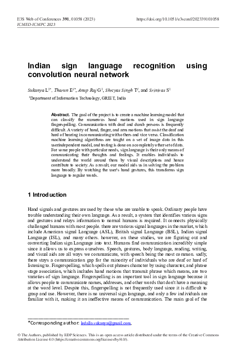 (PDF) Indian sign language recognition using convolution neural network