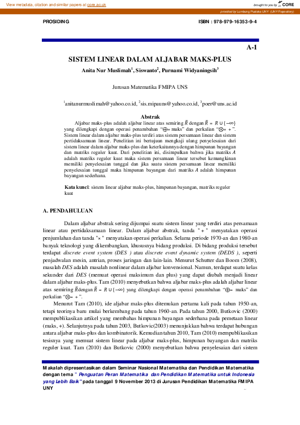 (PDF) Sistem Linear Dalam Aljabar Maks-Plus