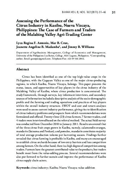 (PDF) Assessing the Performance of the Citrus Industry in Kasibu, Nueva ...