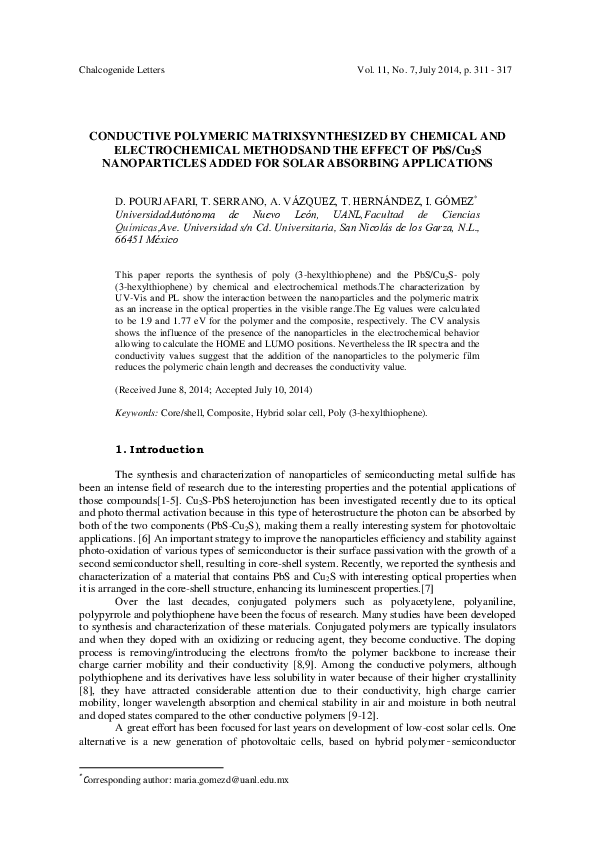 Pdf Conductive Polymeric Matrix Synthesized By Chemical And Electrochemical Methods And The