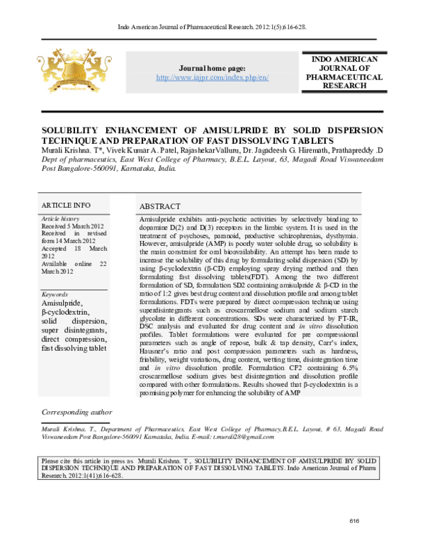 (PDF) Solubility Enhancement of Amisulpride by Solid Dispersion ...