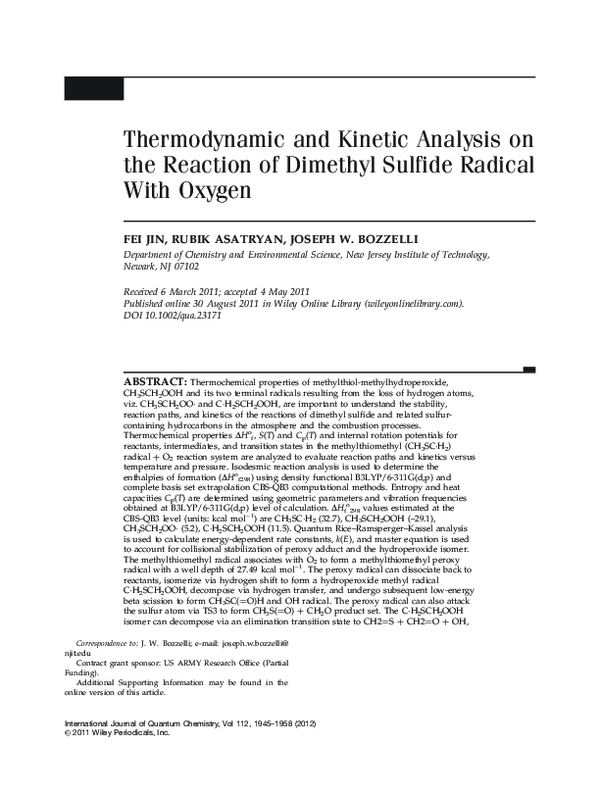 (PDF) Thermodynamic and kinetic analysis on the reaction of dimethyl ...
