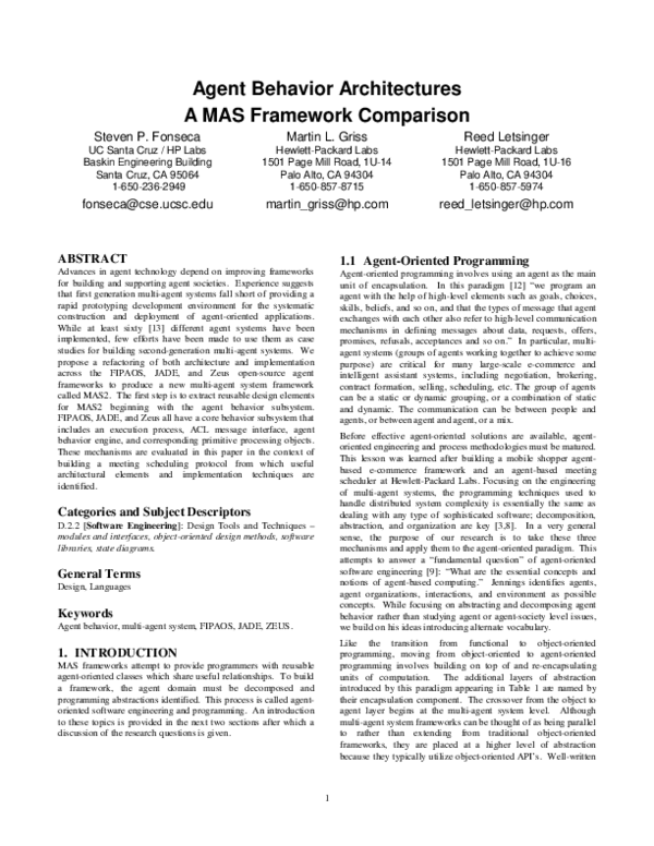 (PDF) Agent behavior architectures a MAS framework comparison