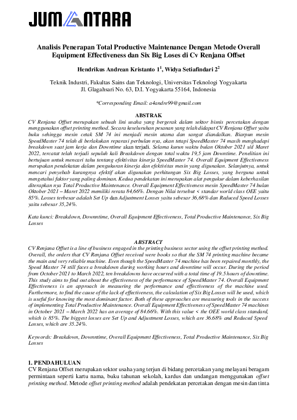 (PDF) Analisis Penerapan Total Productive Maintenance dengan Metode ...