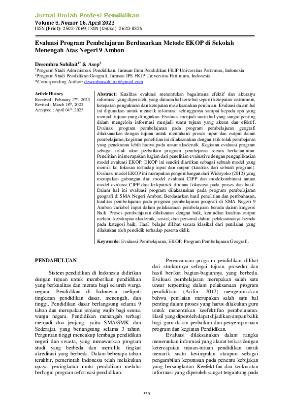 (PDF) Evaluasi Program Pembelajaran Berdasarkan Metode EKOP di Sekolah Menengah Atas Negeri 9 Ambon
