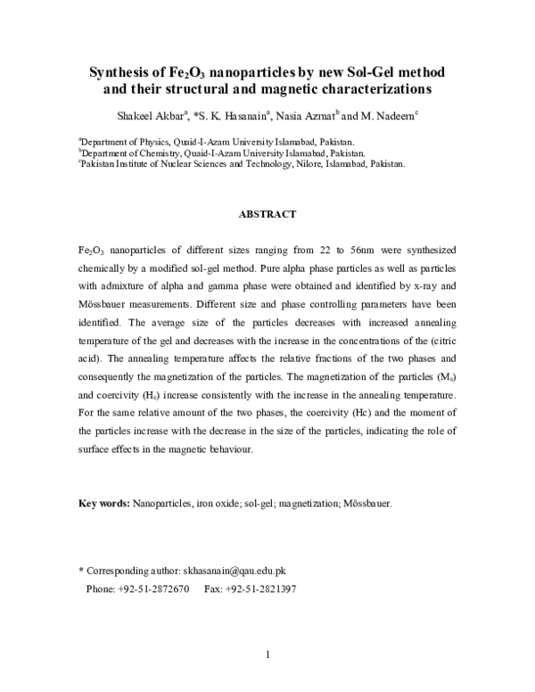 (PDF) Synthesis of Fe2O3 nanoparticles by new Sol-Gel method and their structural and magnetic ...