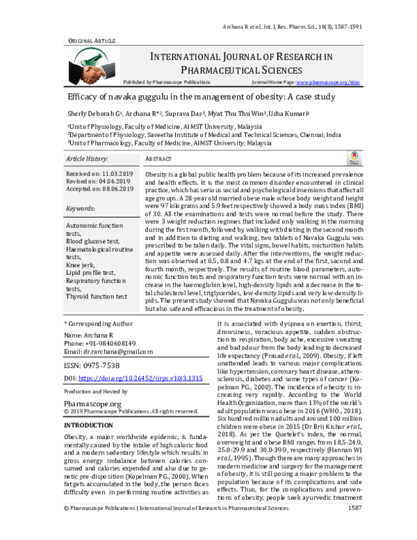 (PDF) Efficacy of navaka guggulu in the management of obesity: A case study