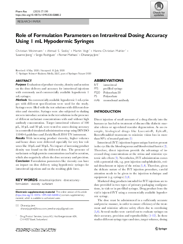 Pdf Role Of Formulation Parameters On Intravitreal Dosing Accuracy Using 1 Ml Hypodermic