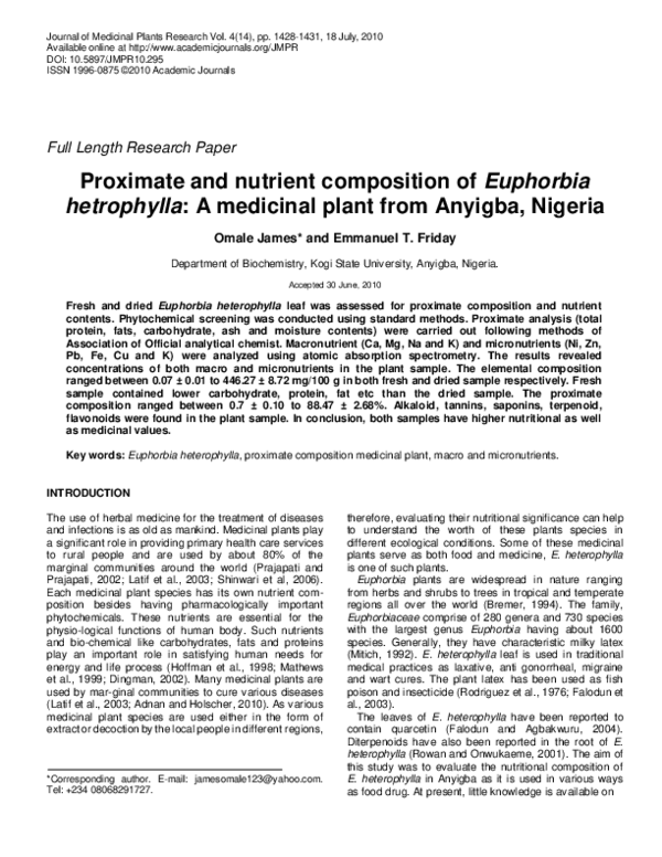 (PDF) Proximate and nutrient composition of Euphorbia hetrophylla: A ...