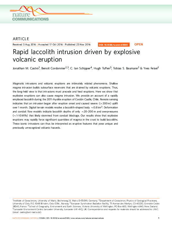 (PDF) Rapid laccolith intrusion driven by explosive volcanic eruption