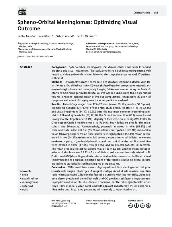 (PDF) Spheno-Orbital Meningiomas: Optimizing Visual Outcome