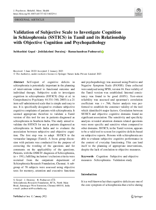 (PDF) Validation of Subjective Scale to Investigate Cognition in Schizophrenia (SSTICS) in Tamil ...