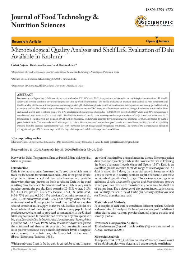 (PDF) Microbiological Quality Analysis and Shelf Life Evaluation of Dahi Available in Kashmir