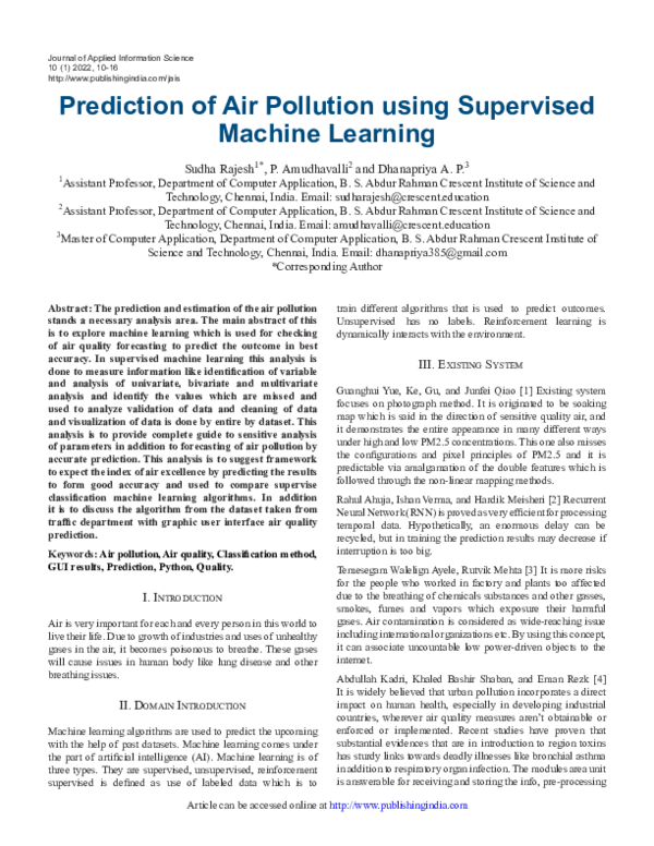 (PDF) Prediction of Air Pollution using Supervised Machine Learning