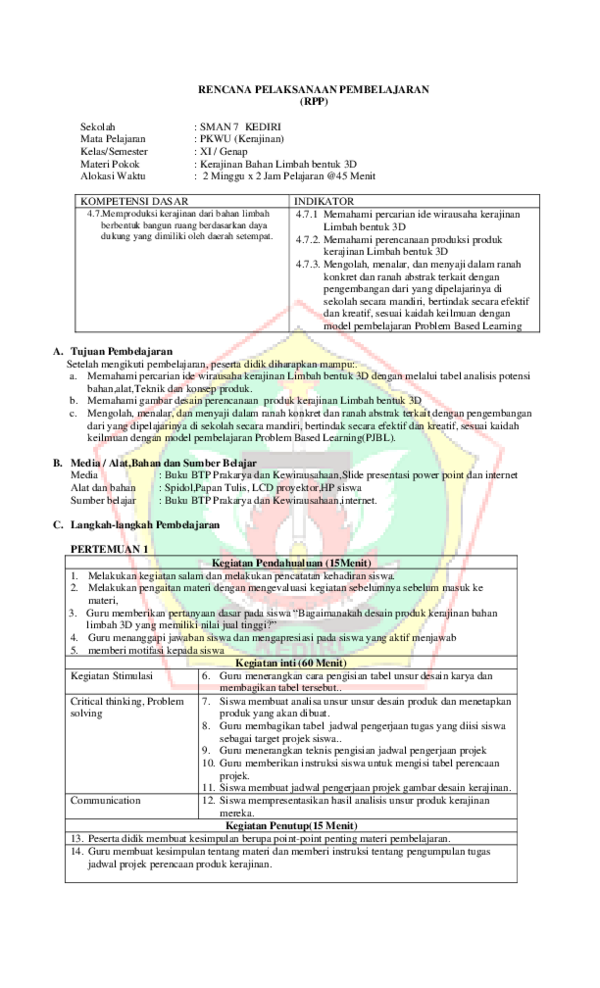 (PDF) RENCANA PELAKSANAAN PEMBELAJARAN RPP PBL
