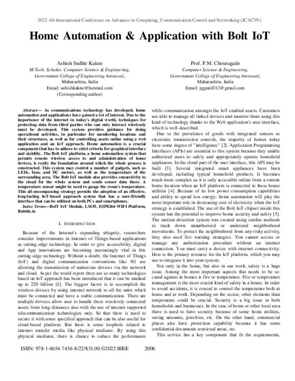 (PDF) Home Automation & Application with Bolt IoT