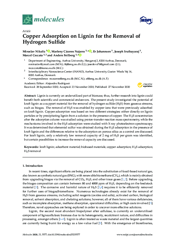 (PDF) Copper Adsorption on Lignin for the Removal of Hydrogen Sulfide