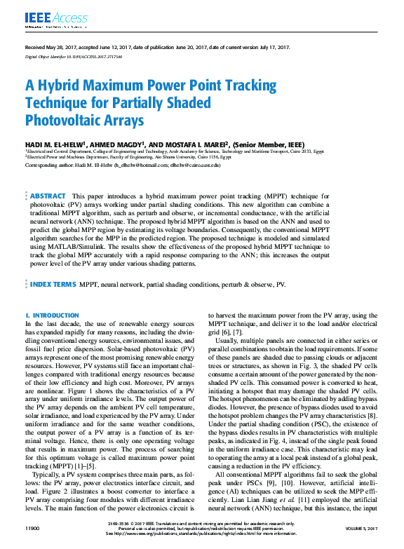 Pdf A Hybrid Maximum Power Point Tracking Technique For Partially Shaded Photovoltaic Arrays