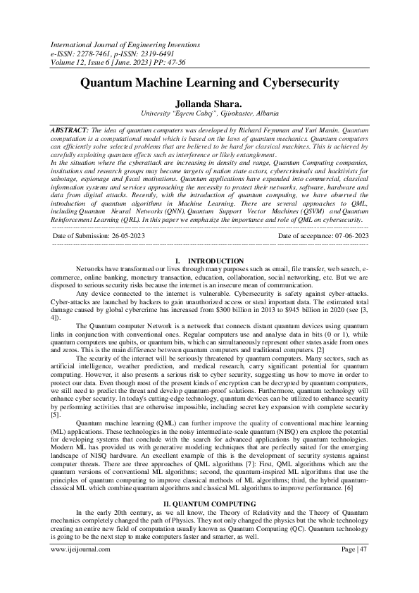 (PDF) Quantum Machine Learning and Cybersecurity