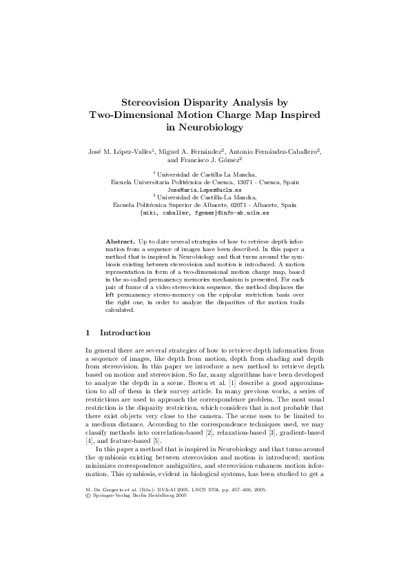 (PDF) Stereovision Disparity Analysis by Two-Dimensional Motion Charge Map Inspired in ...