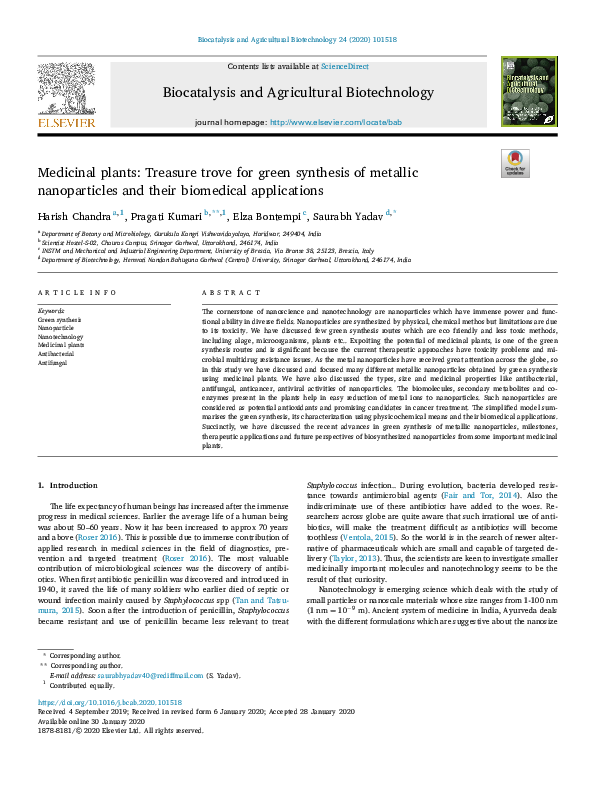 (PDF) Medicinal plants: Treasure trove for green synthesis of metallic nanoparticles and their ...