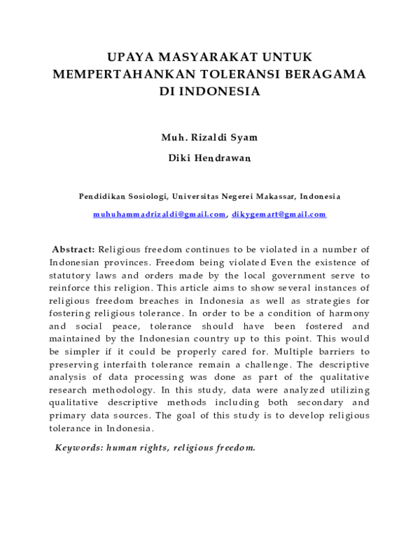 (PDF) UPAYA MASYARAKAT UNTUK MEMPERTAHANKAN TOLERANSI BERAGAMA DI INDONESIA | DIKI H E N D R A W ...