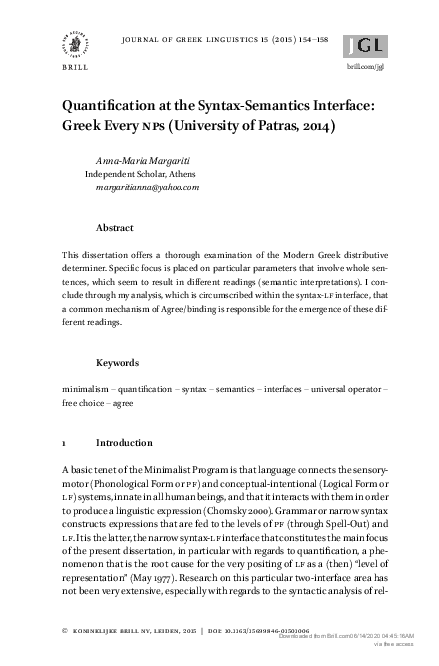 (PDF) Quantification at the Syntax-Semantics Interface: Greek Every NPs (University of Patras, 2014)