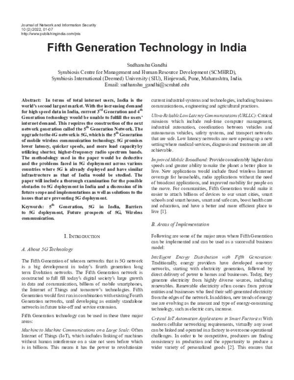 (PDF) Fifth Generation Technology in India