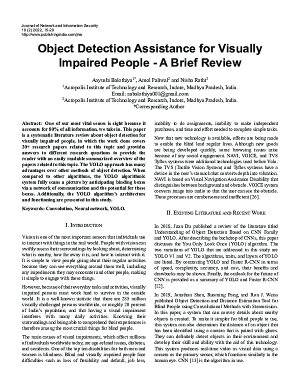 (PDF) Object Detection Assistance for Visually Impaired People - A Brief Review