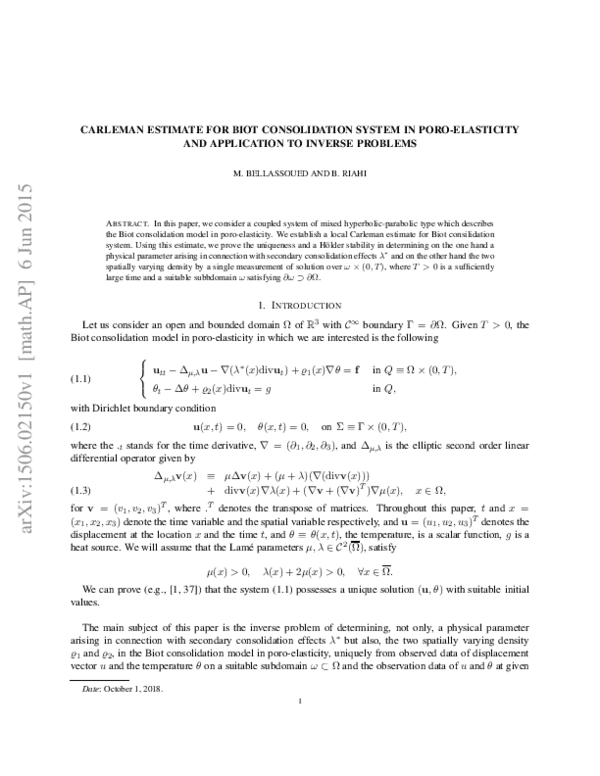(PDF) Carleman estimate for Biot consolidation system in poro-elasticity and application to ...