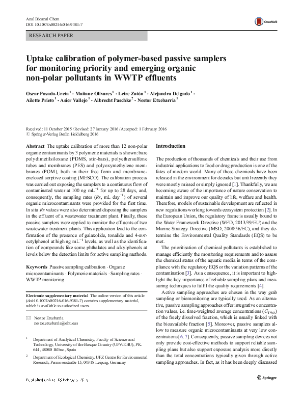 (PDF) Uptake calibration of polymer-based passive samplers for ...
