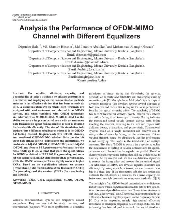 (PDF) Analysis the Performance of OFDM-MIMO Channel with Different Equalizers