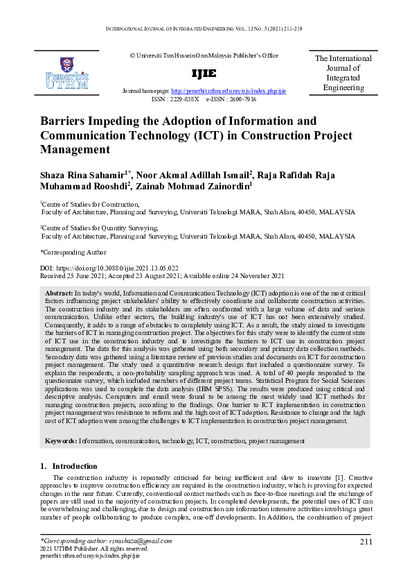 (PDF) ICT Adoption Barriers in Construction Management