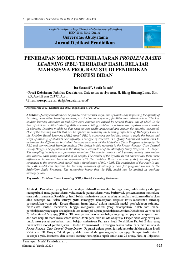(PDF) Penerapan Model Pembelajaran Problem Based Learning (PBL) Terhadap Hasil Belajar Mahasiswa ...