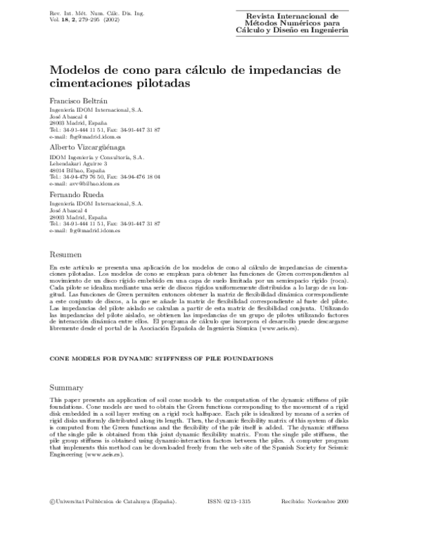 (PDF) Modelos de cono para calculo de impedancias de cimentaciones pilotadas