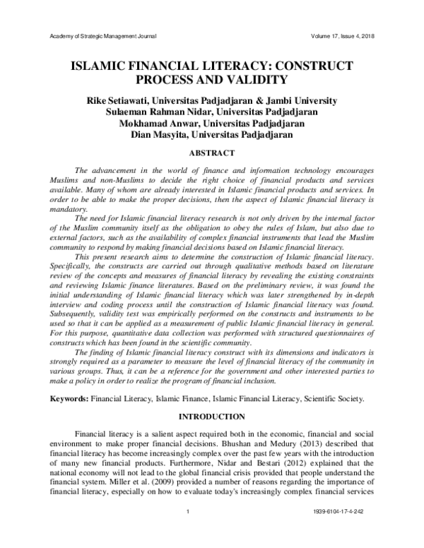 (PDF) Islamic Financial Literacy: Construct Process and Validity