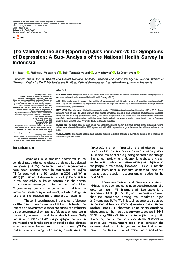 (PDF) The Validity of the Self-Reporting Questionnaire-20 for Symptoms of Depression: A Sub ...
