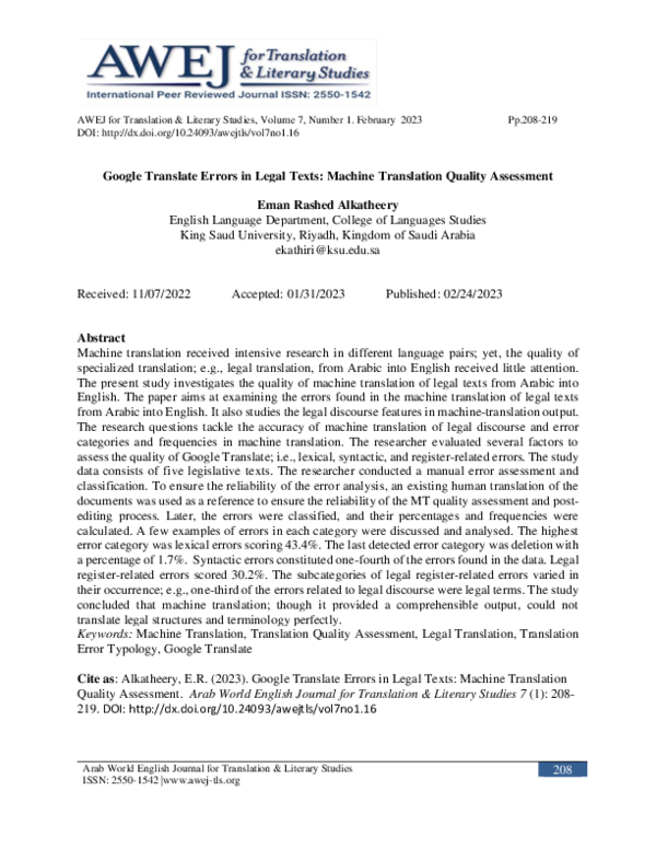 (PDF) Google Translate Errors in Legal Texts: Machine Translation ...